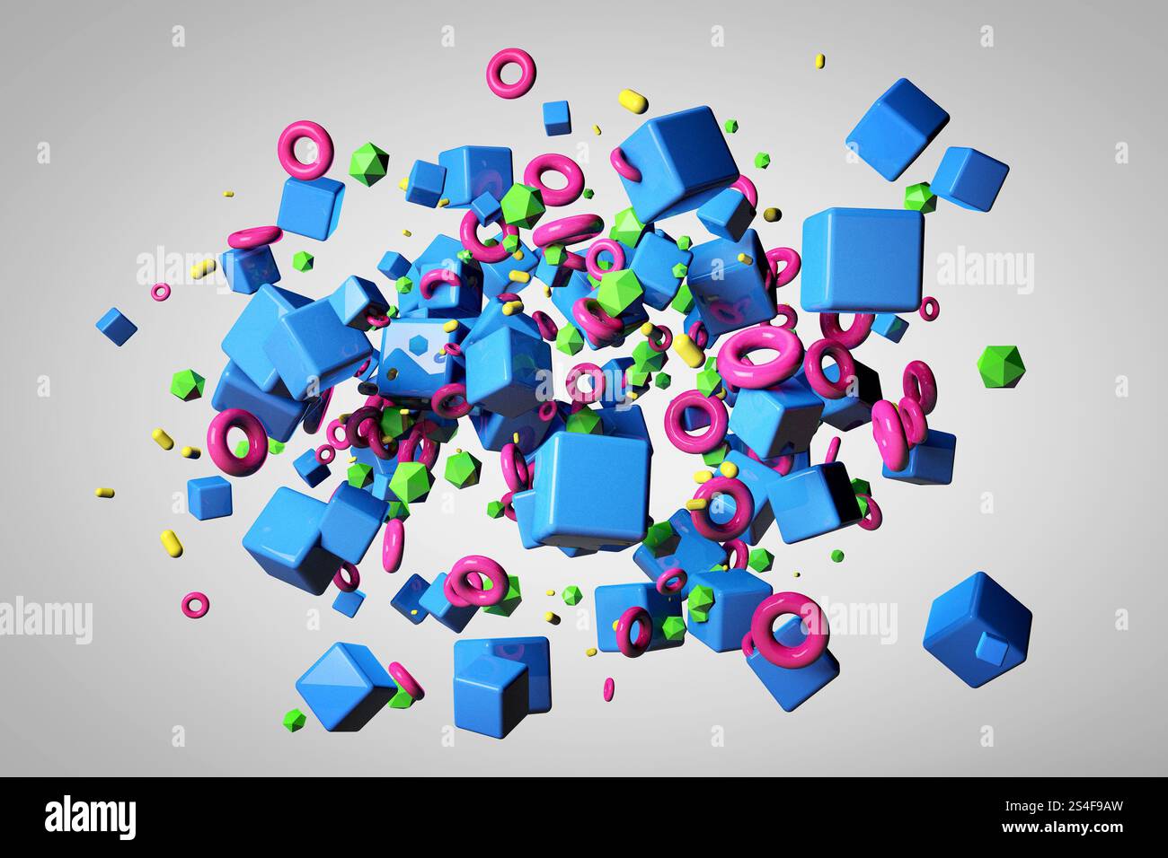 Explosion of different 3D objects in empty space. 3d render image Stock ...