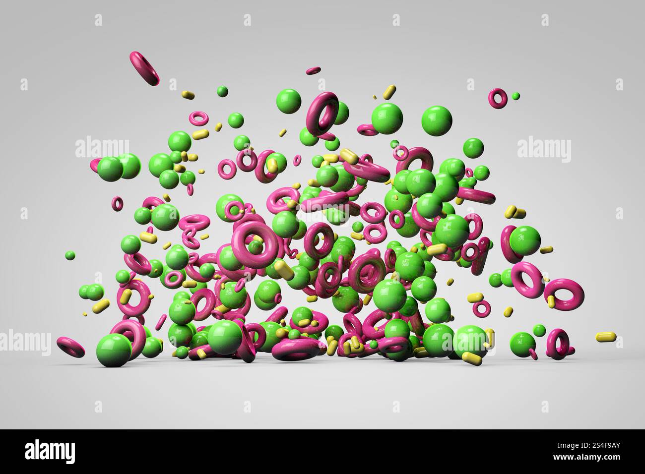 Explosion of different 3D objects in empty space. 3d render image Stock ...
