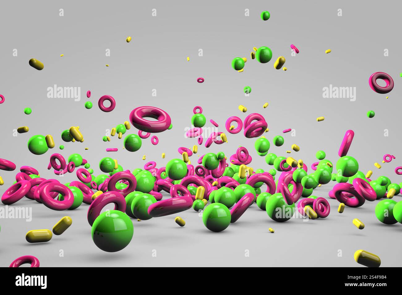 Explosion of different 3D objects in empty space. 3d render image Stock ...