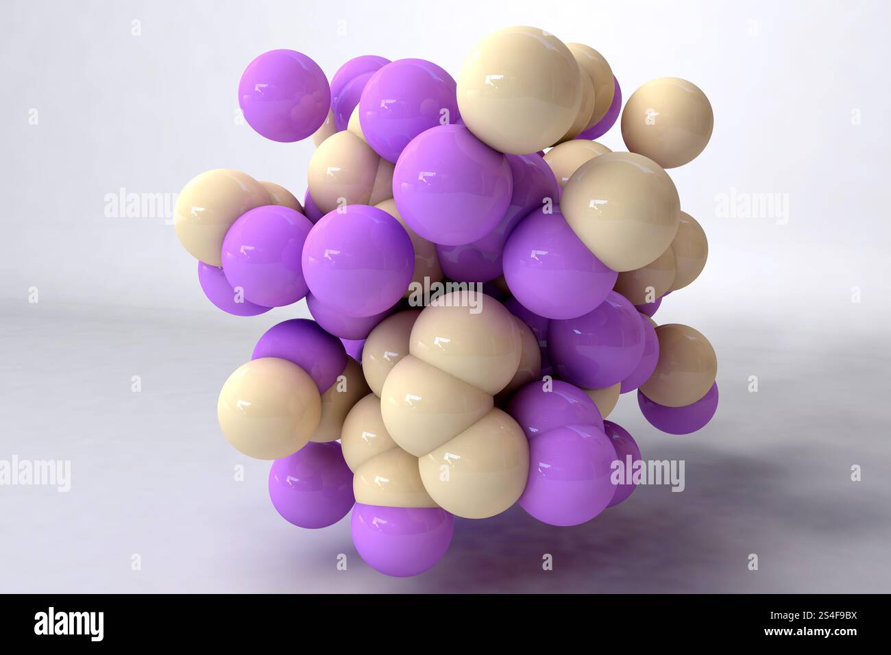 Lots of yellow and purple balls interact like molecules. 3D render ...
