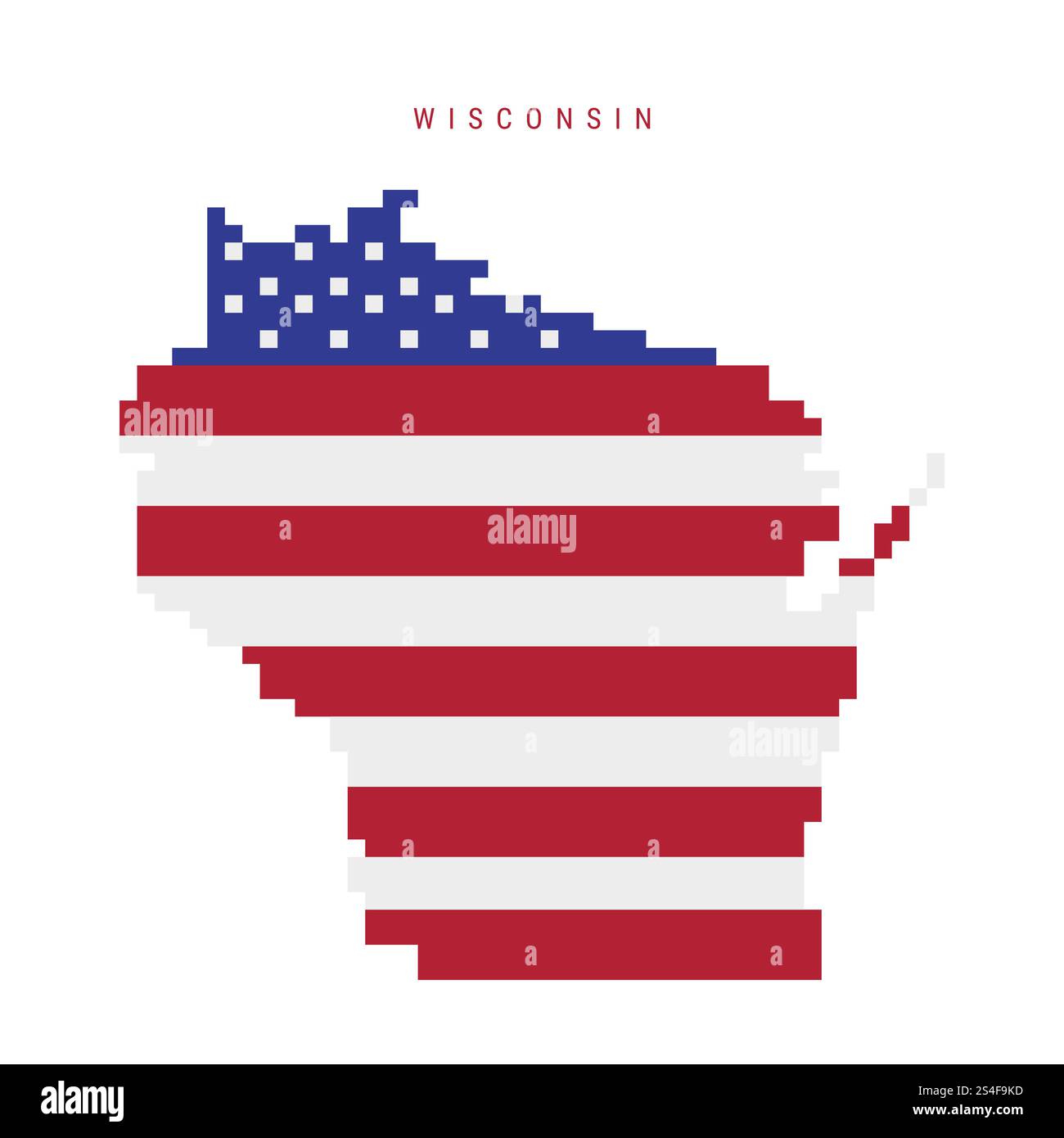 Wisconsin pixel flag map icon. 8 bit pixel art map covered with ...