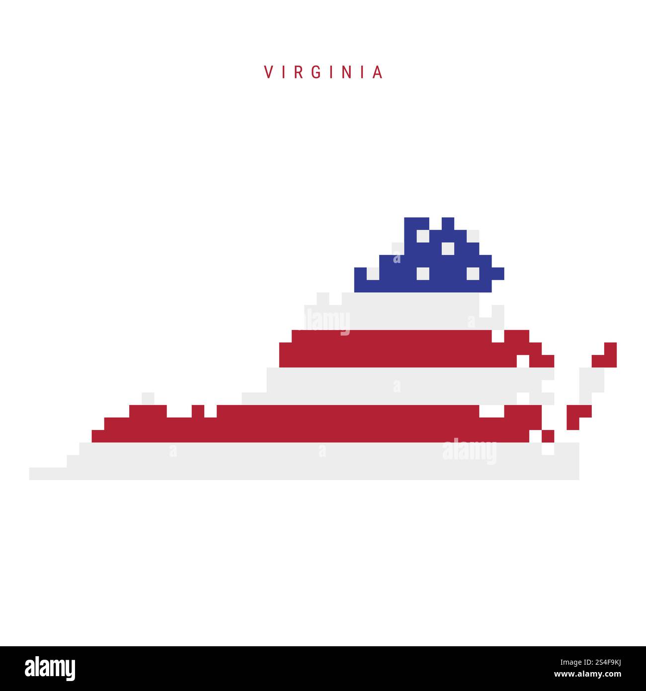 Virginia pixel flag map icon. 8 bit pixel art map covered with american ...