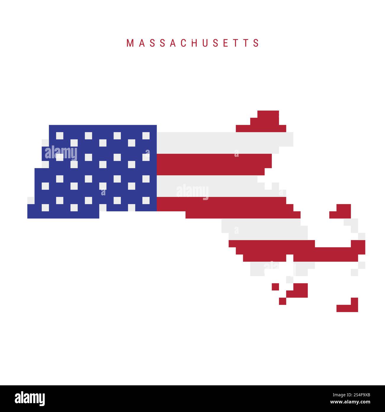 Massachusetts pixel flag map icon. 8 bit pixel art map covered with ...