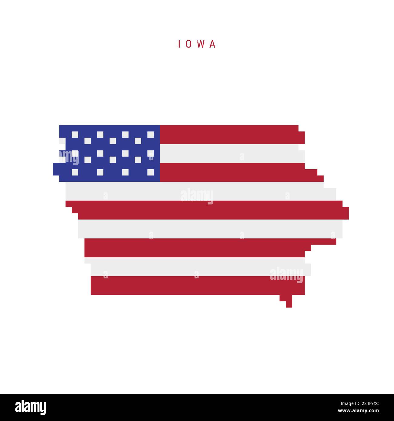 Iowa pixel flag map icon. 8 bit pixel art map covered with american ...