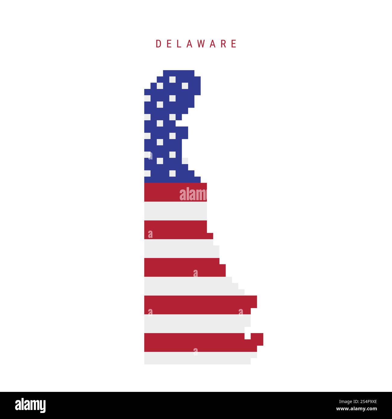 Delaware pixel flag map icon. 8 bit pixel art map covered with american ...