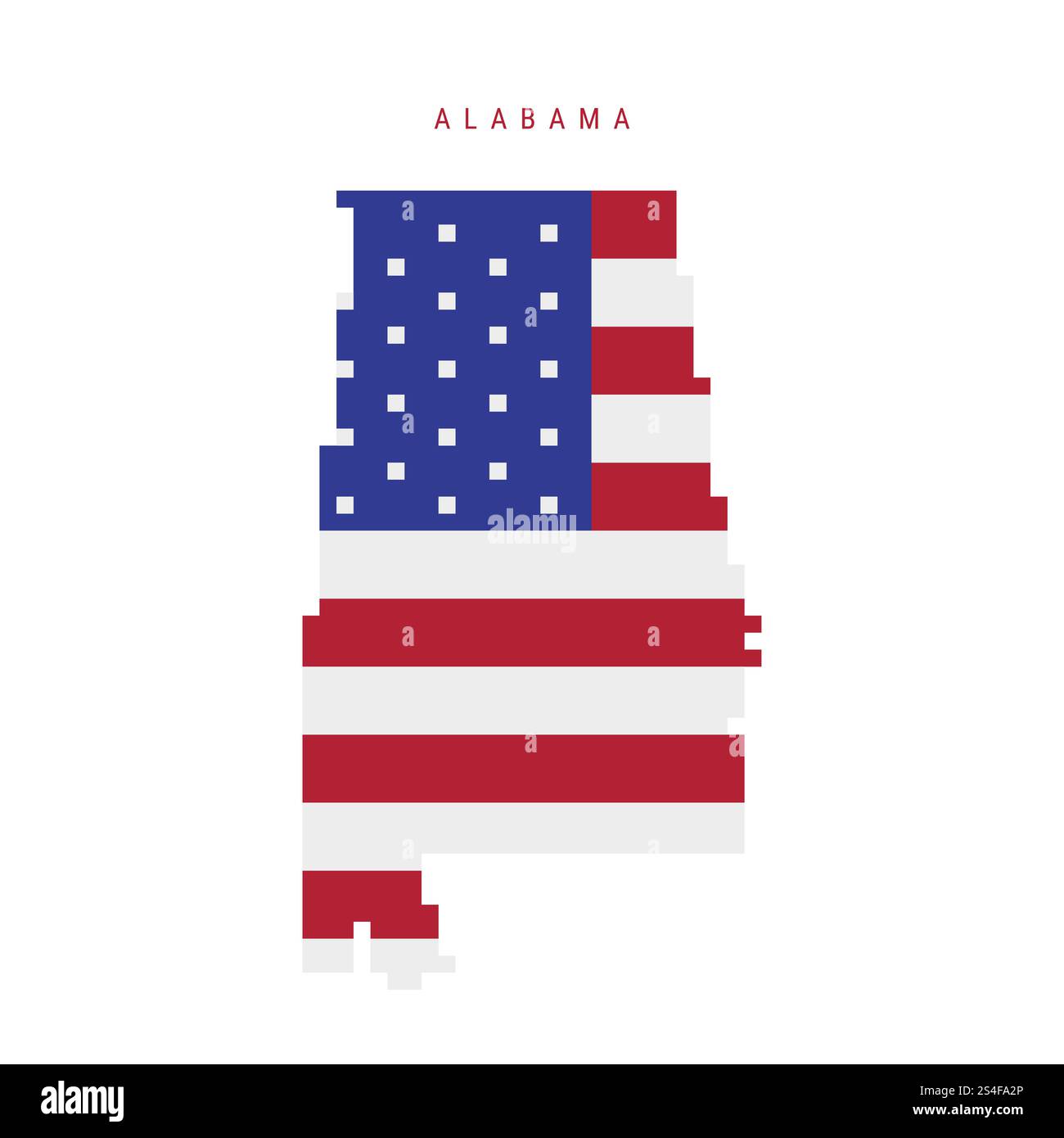 Alabama pixel flag map icon. 8 bit pixel art map covered with american ...