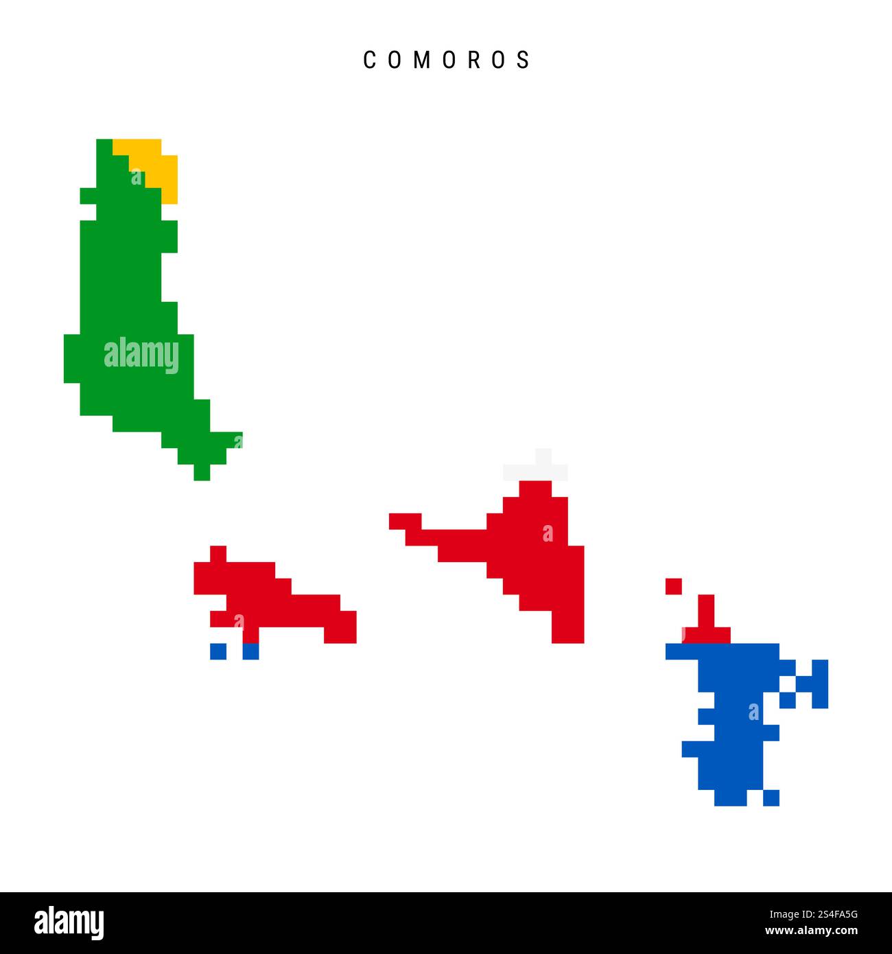 Comoros pixel flag map icon. 8 bit pixel art Union of the Comoros map covered with flag. Flat ...
