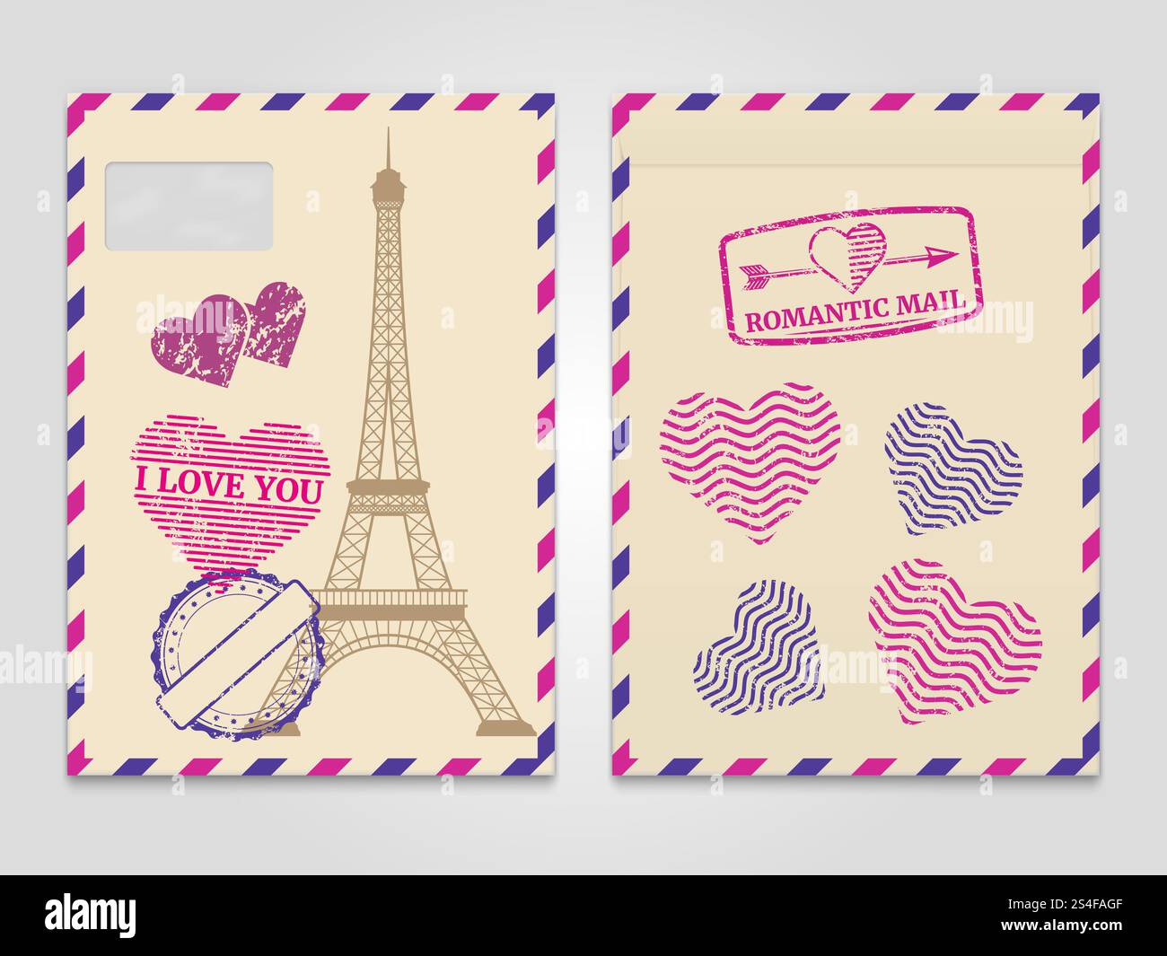 Vintage romantic envelopes with Eiffel tower and love stamps. Travel ...