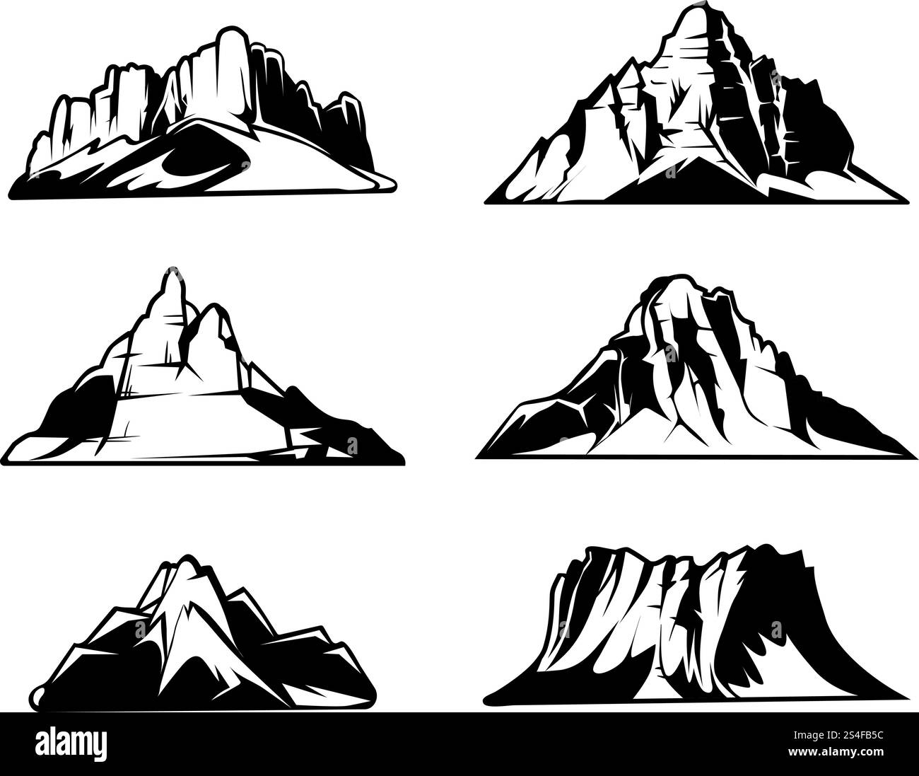 Monochrome mountains vector silhouettes. Snowy mountain ranges. Outdoor ...