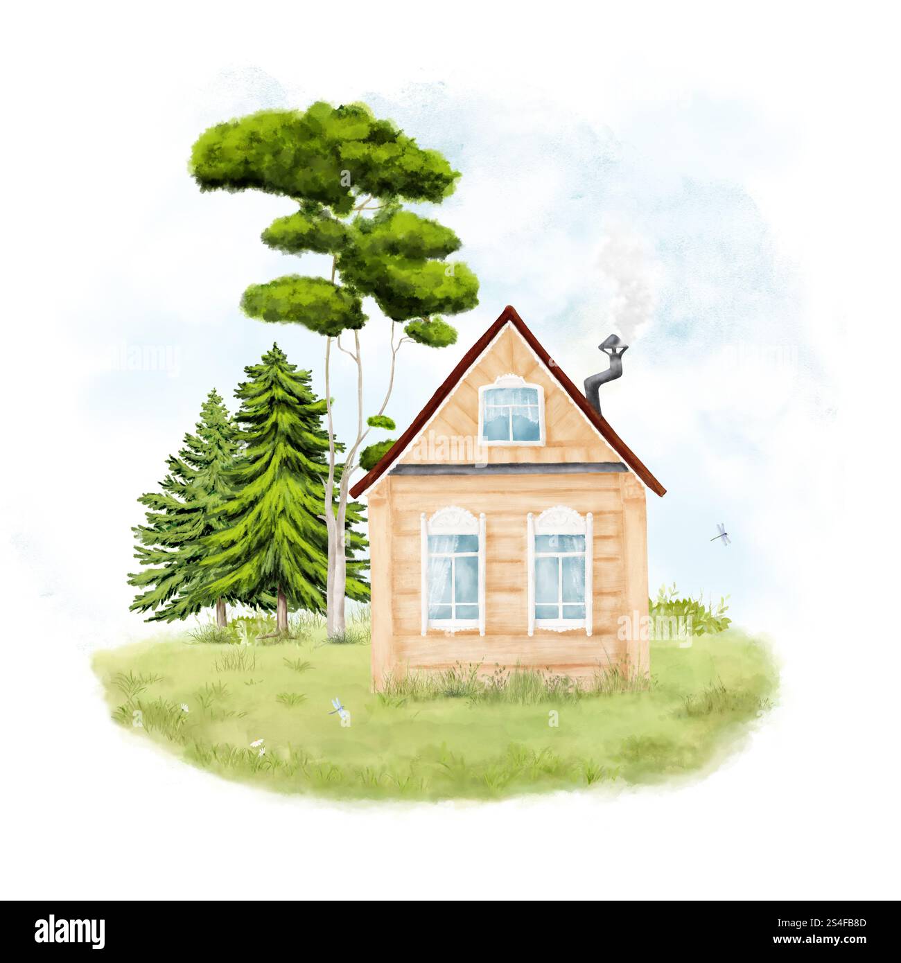 Rural village house on spring lawn. Watercolor digital illustration ...