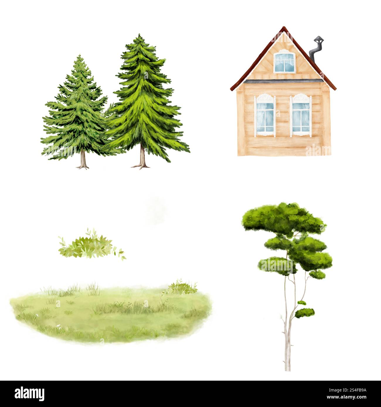 Rural village house, pine trees and spring meadow in set. Watercolor ...