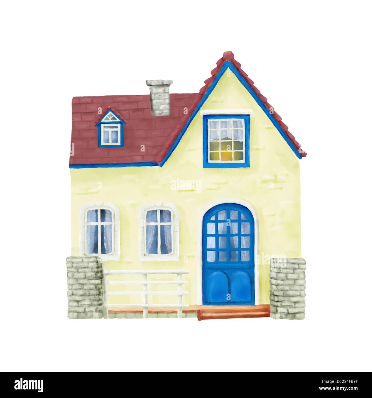 Rural village house with red tile roof and curtains on windows ...