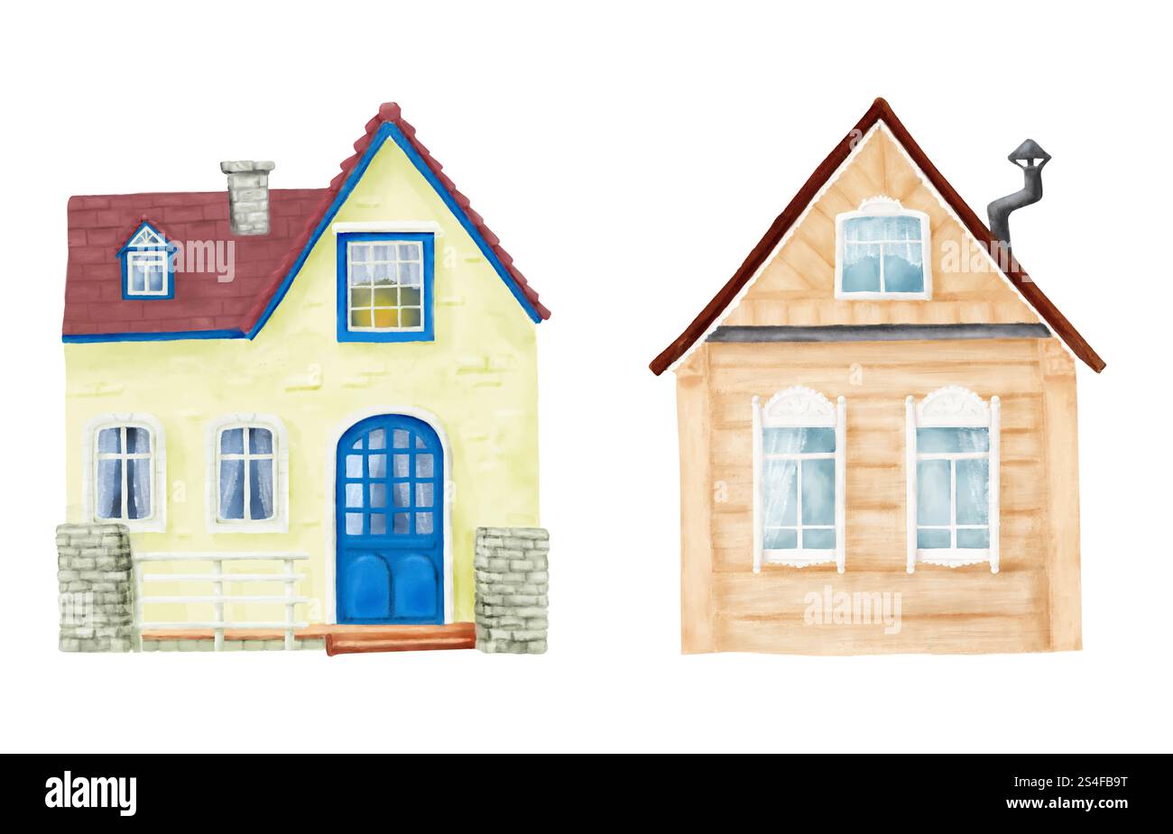 Village house with red tile roof and curtains on windows in set ...