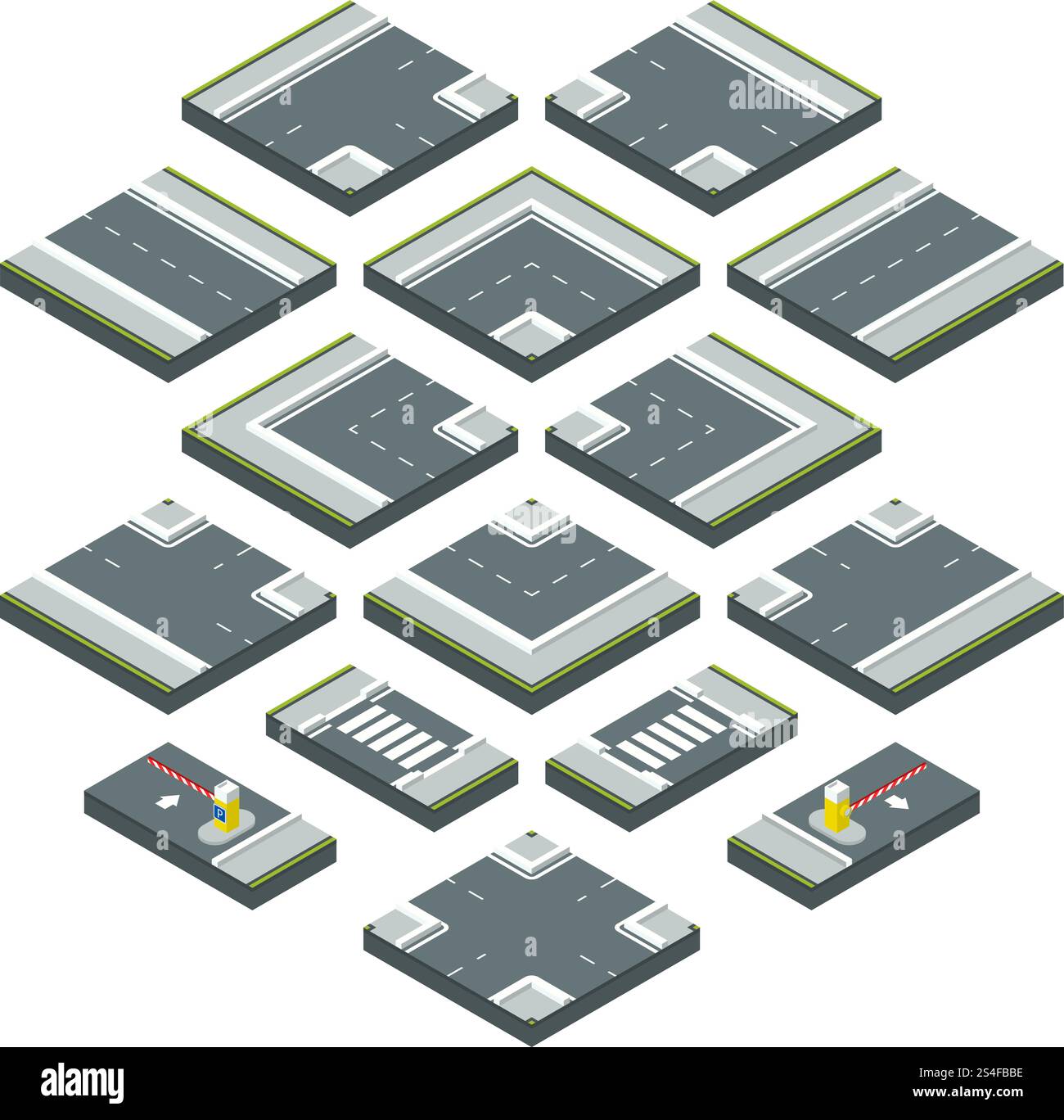 Isometric city elements road, grass and crossroads. Vector ...