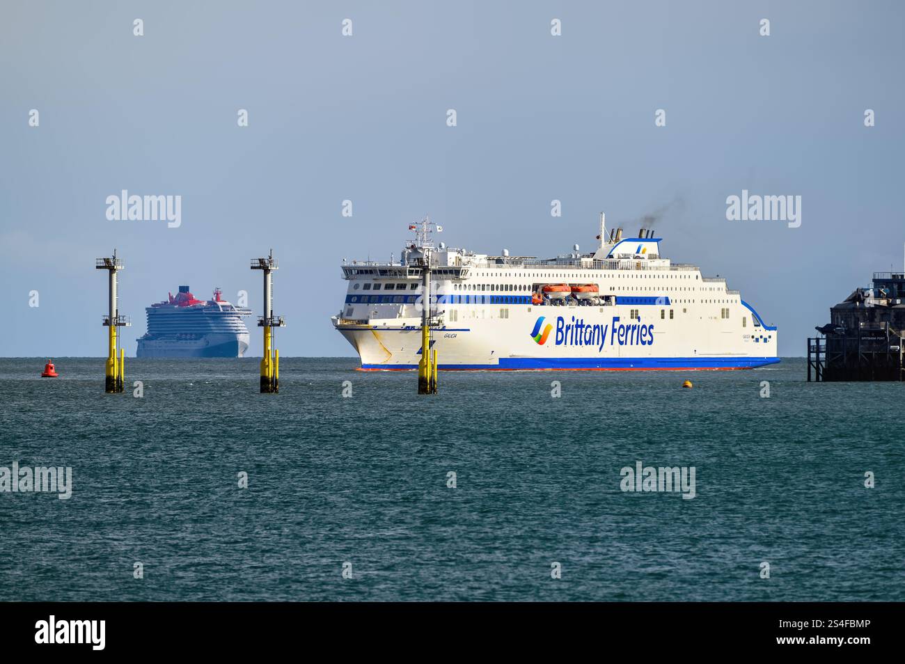 The Virgin Voyages cruise ship Valiant Lady and Brittany Ferries ferry Galicia heading into ...
