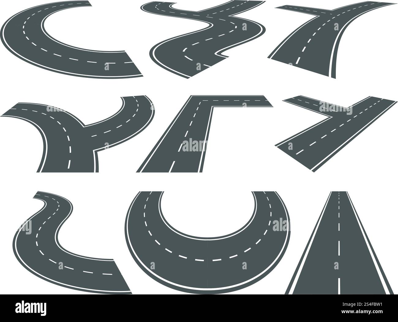 Different isolated curved asphalt roads. Street in perspective. Vector ...