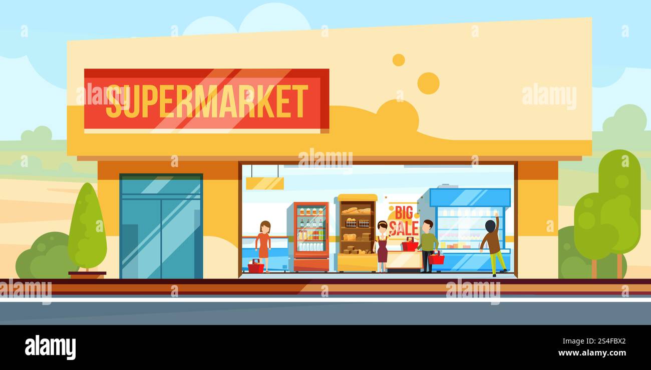 Supermarket in front view with shopping people in checkout line. Seller ...