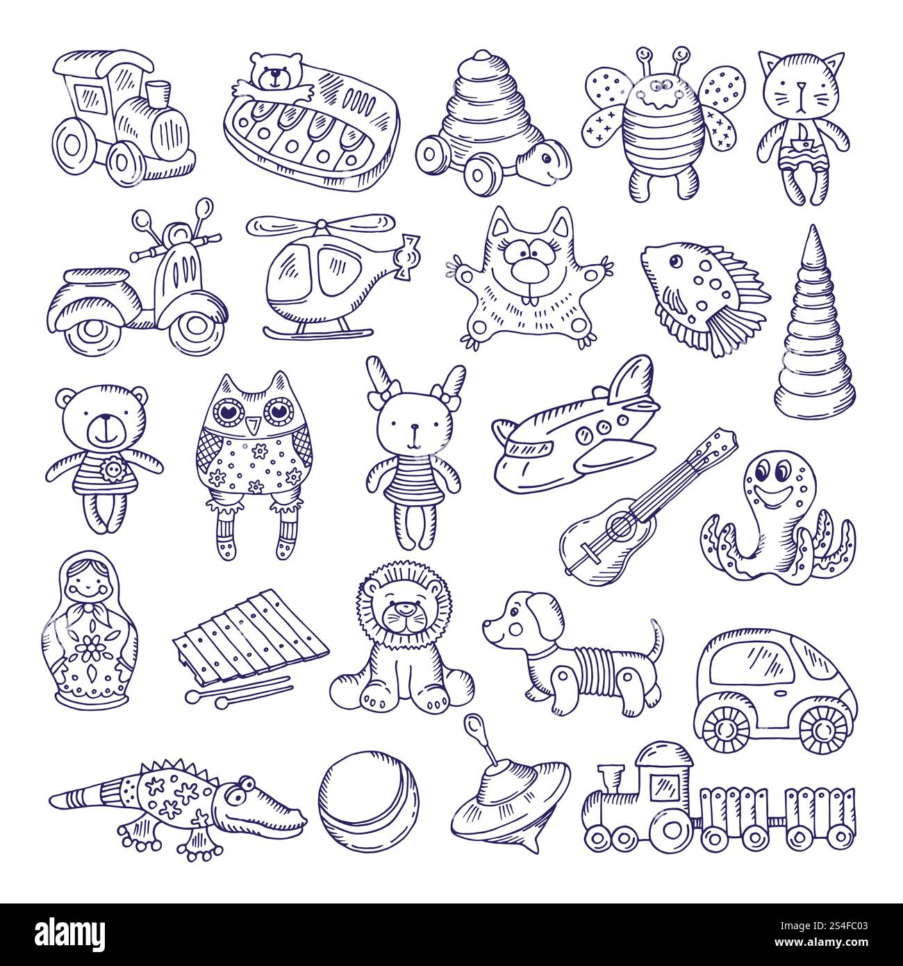 Vector drawing vintage collection of toys. Children games. Illustration ...