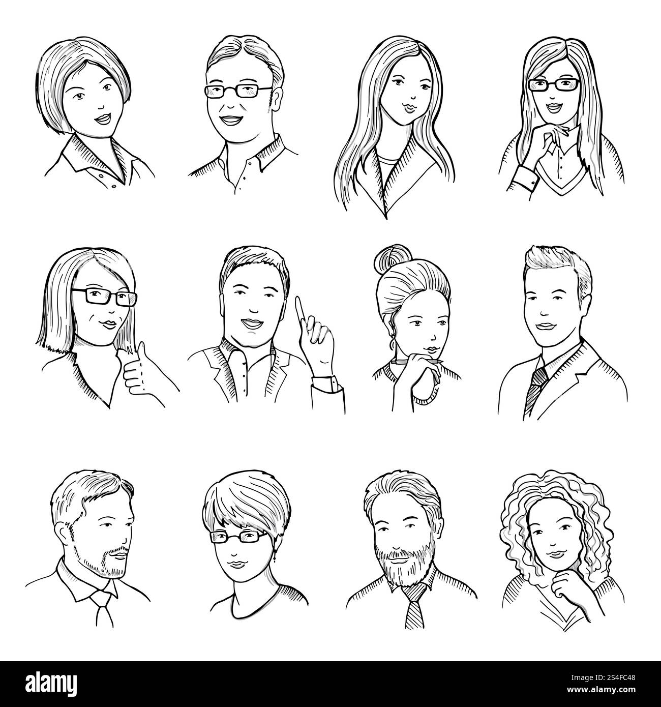Male and female hand drawn illustrations for pictograms or web avatars ...