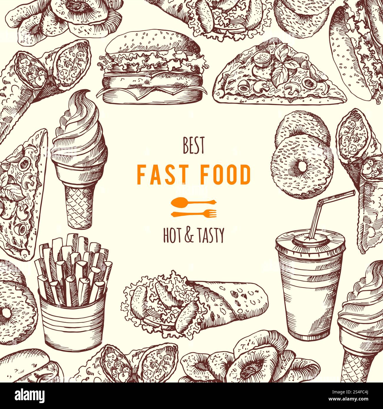 Hand drawn fast food background illustration. Vector banner fast food ...