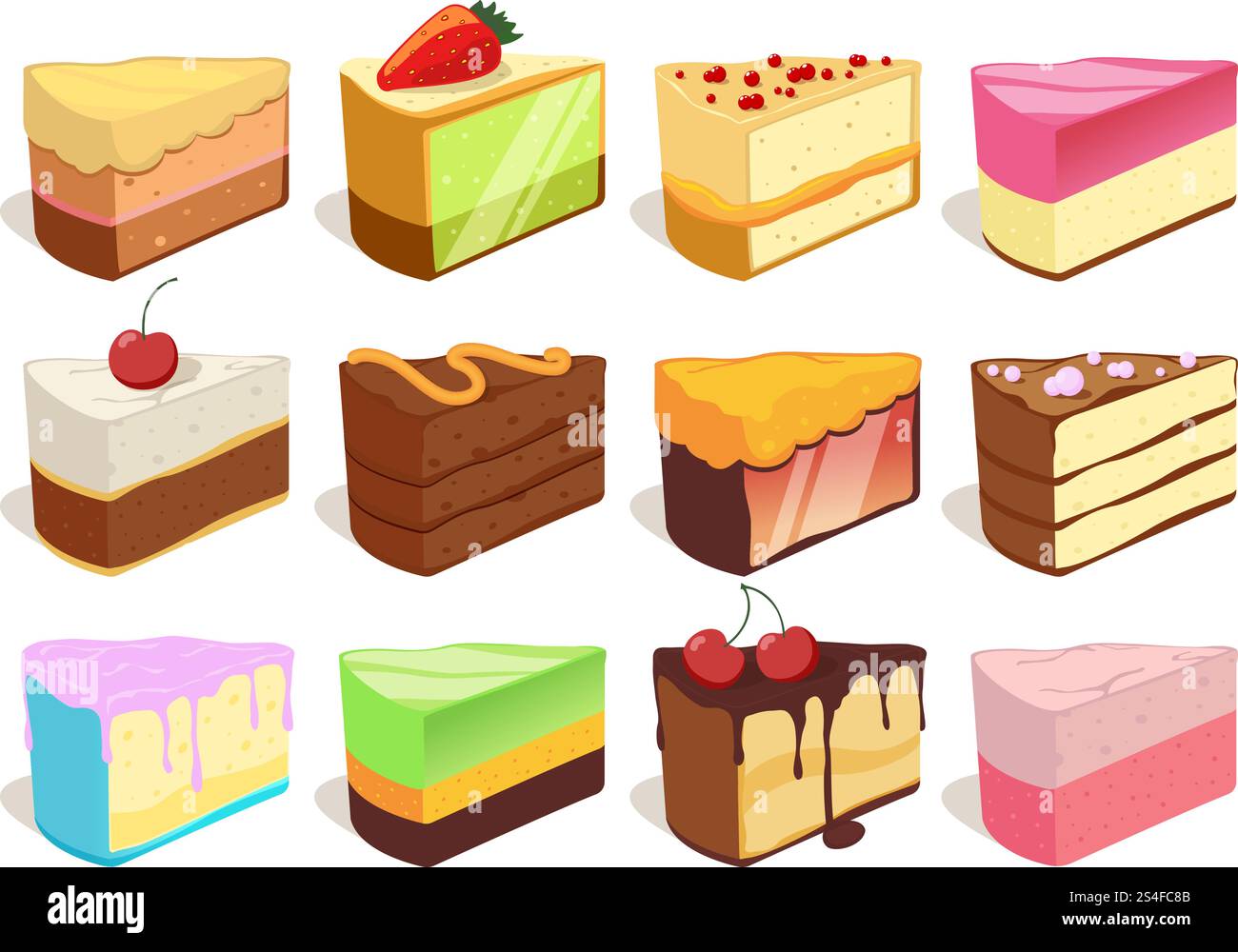Cream cake slices pieces. Vector illustrations set in cartoon style ...