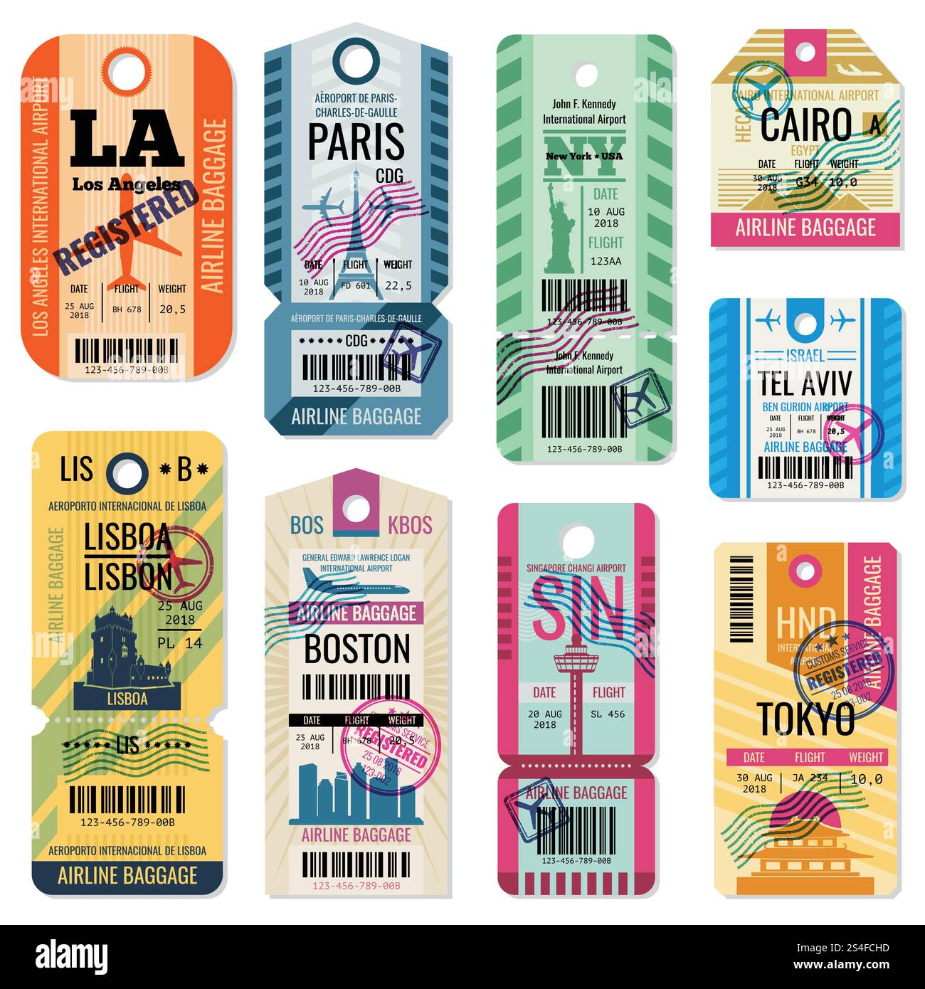 Retro travel luggage labels and baggage tickets with flight symbol ...