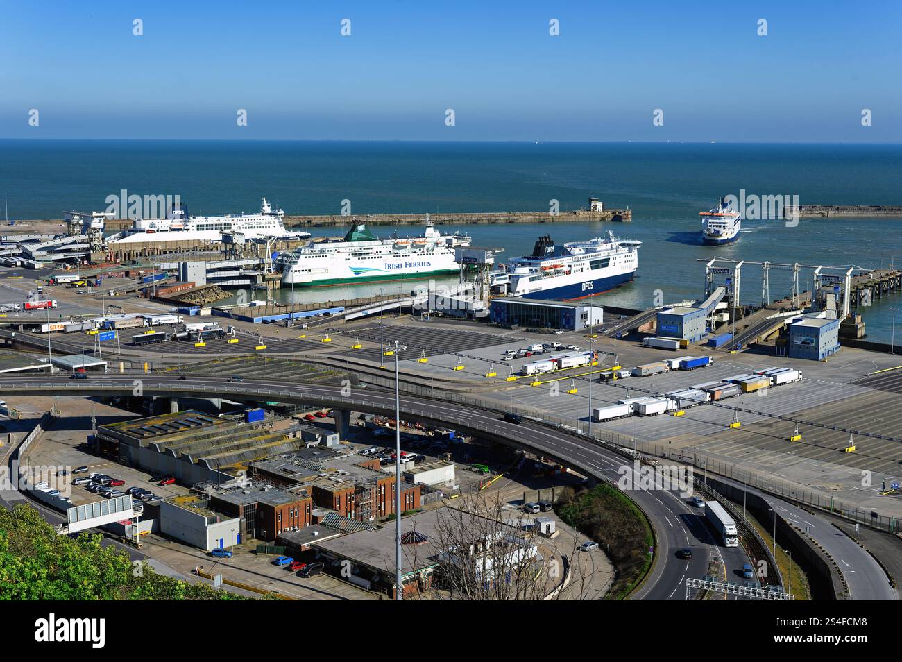 Elevated view of cross-Channel ferries at the Eastern Docks at Dover ...