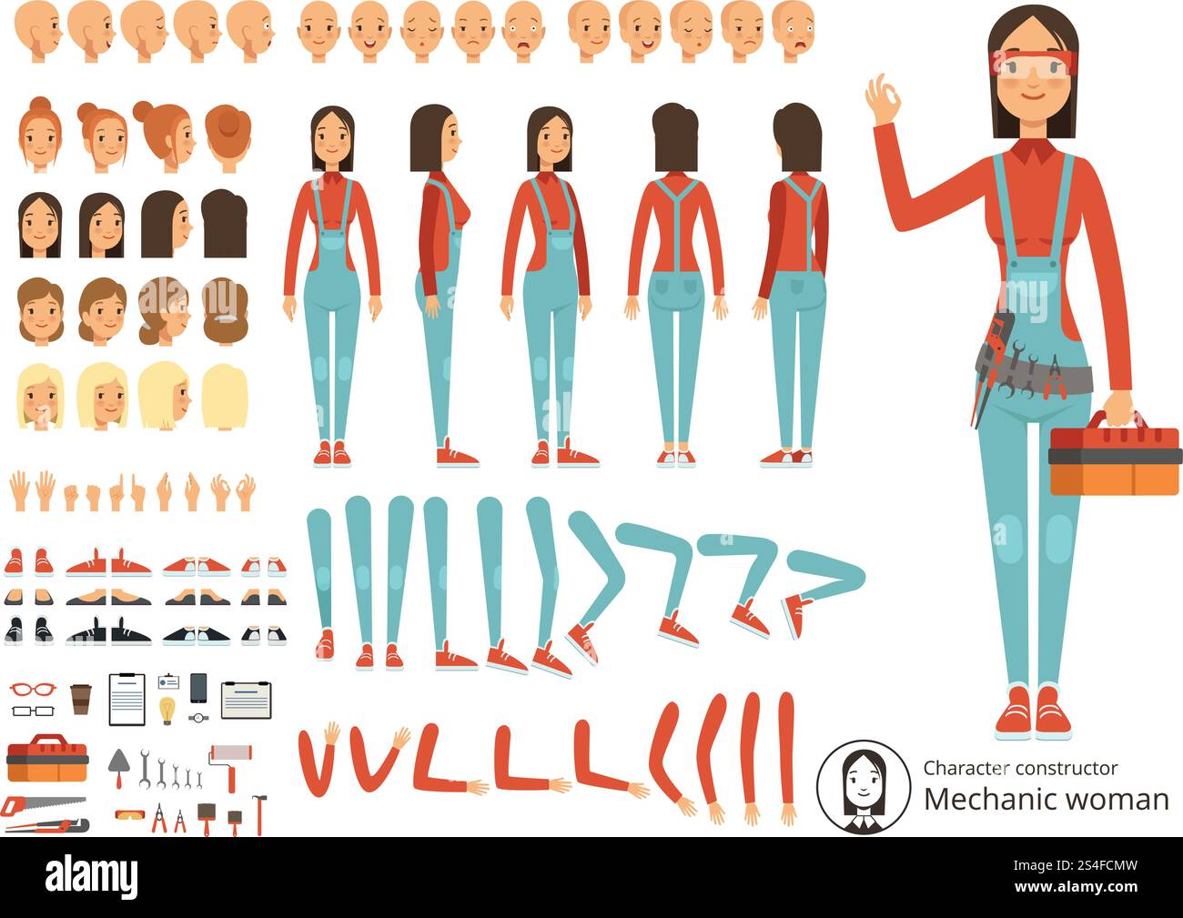 Big creation kit of girl mechanic in working clothes. Vector ...