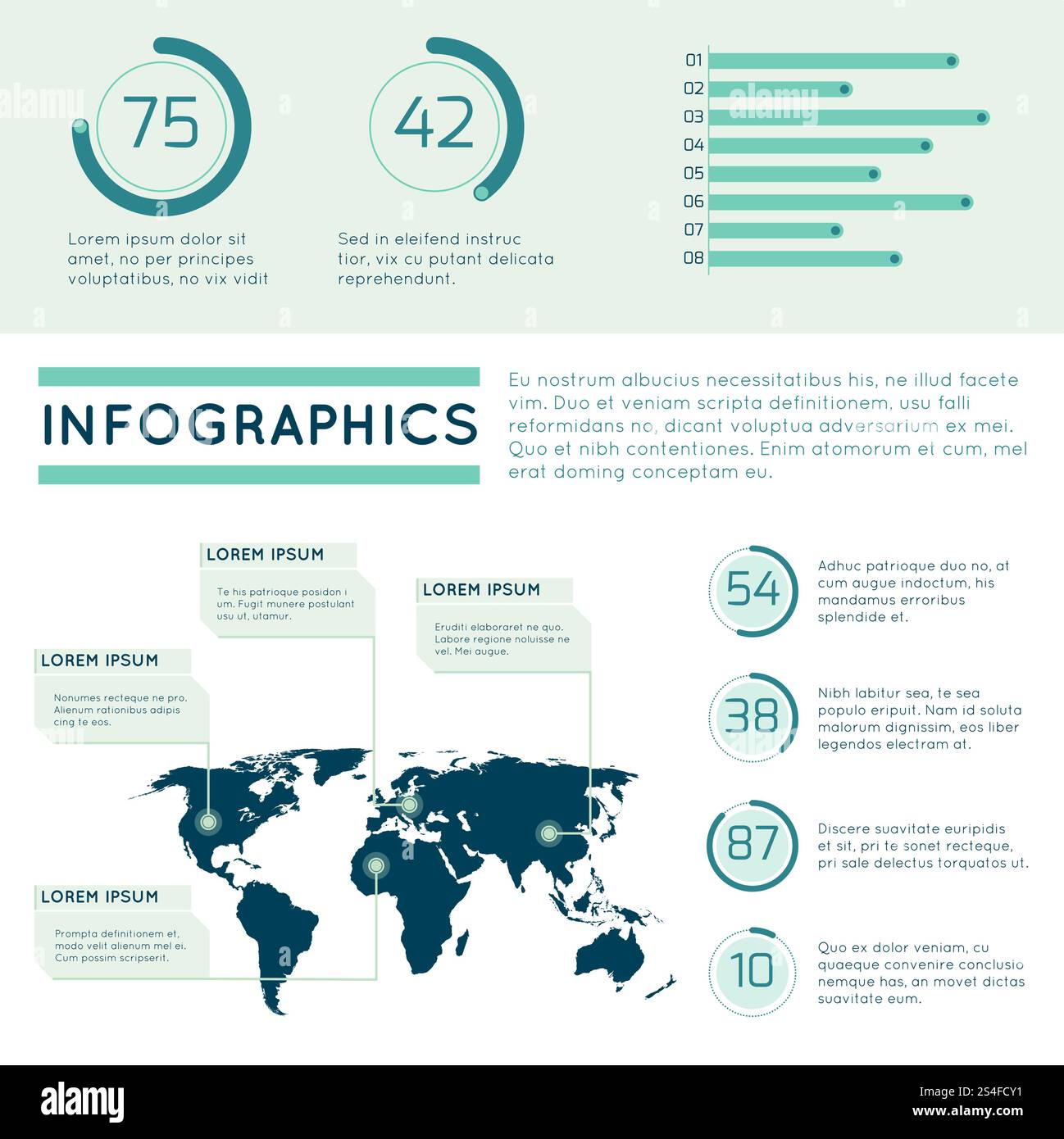 World map infographic concept with line charts, graphs and other vector ...