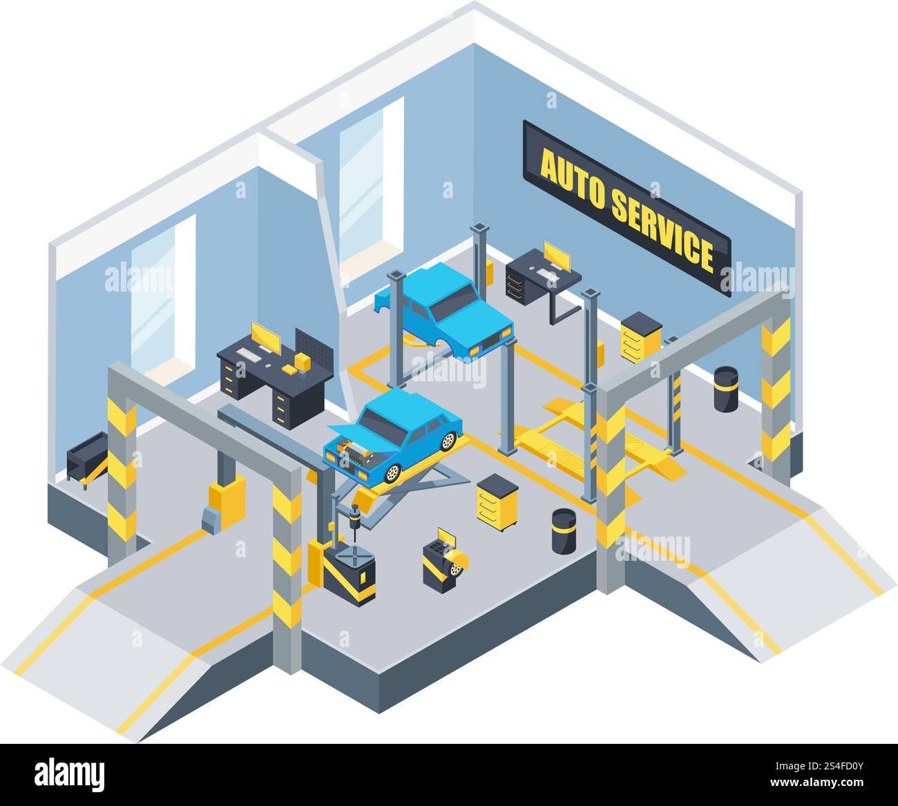 Interior of auto service with different tools and cars. Vector ...