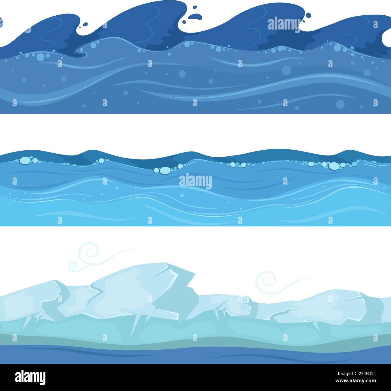 Ocean or sea water waves. Vector set of horisontal seamless patterns ...