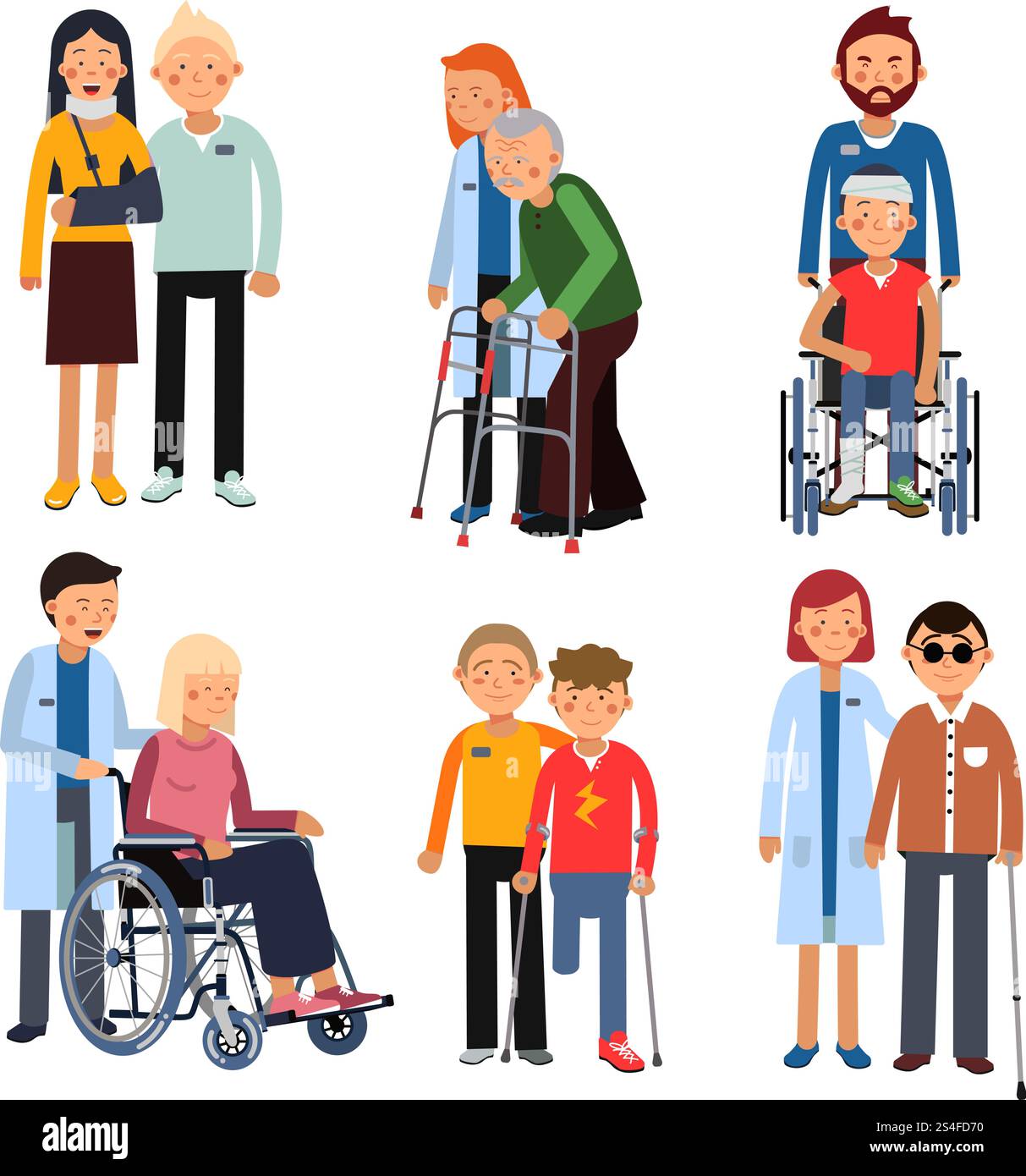 Disabled people group or hospital patients and helping man. Vector ...