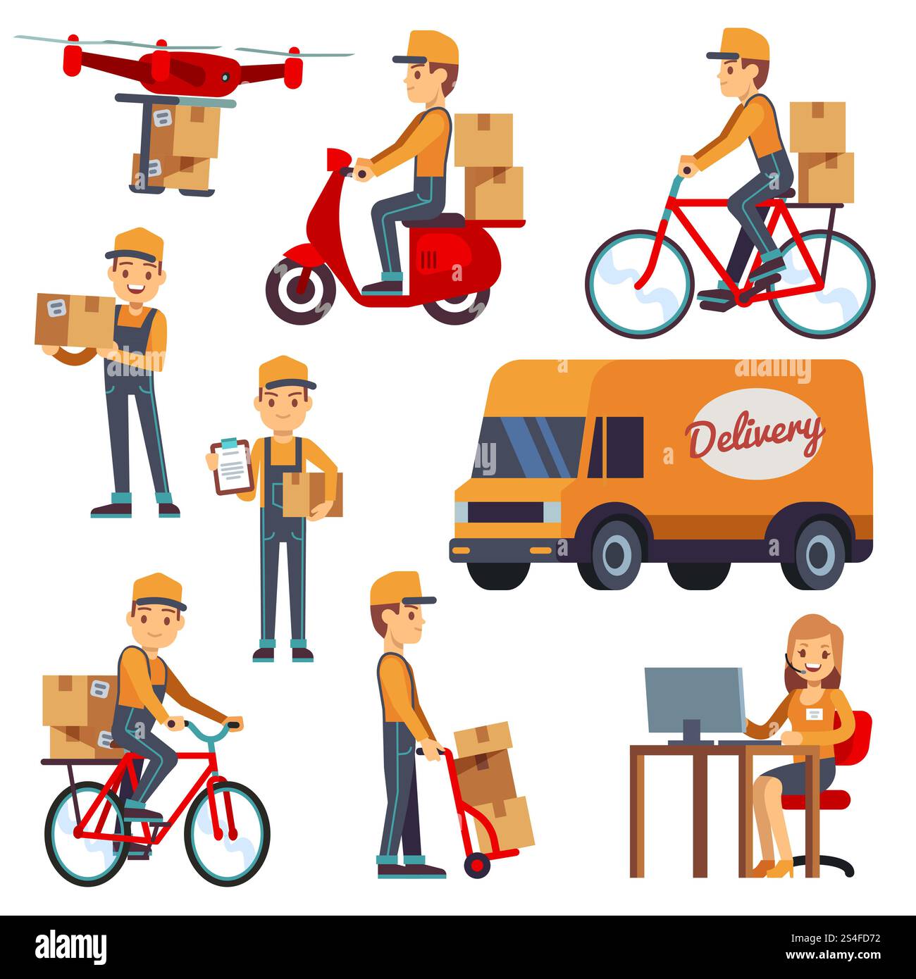 Cute cartoon courier characters with delivery box. Delivery by drone ...