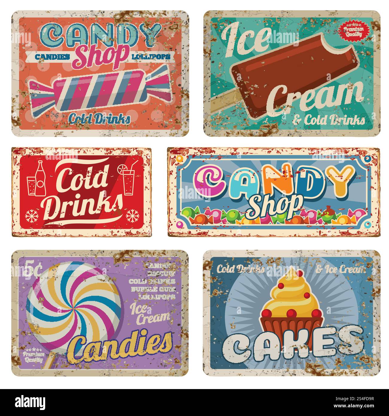 Vintage candy shop metal signs with rusty texture. Vector set candy ...