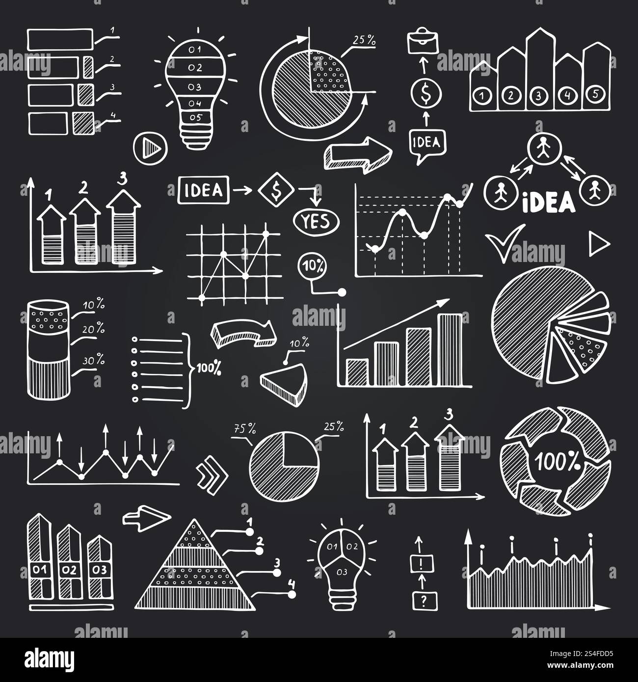 Charts, data graphs and other infographics elements isolate on black ...
