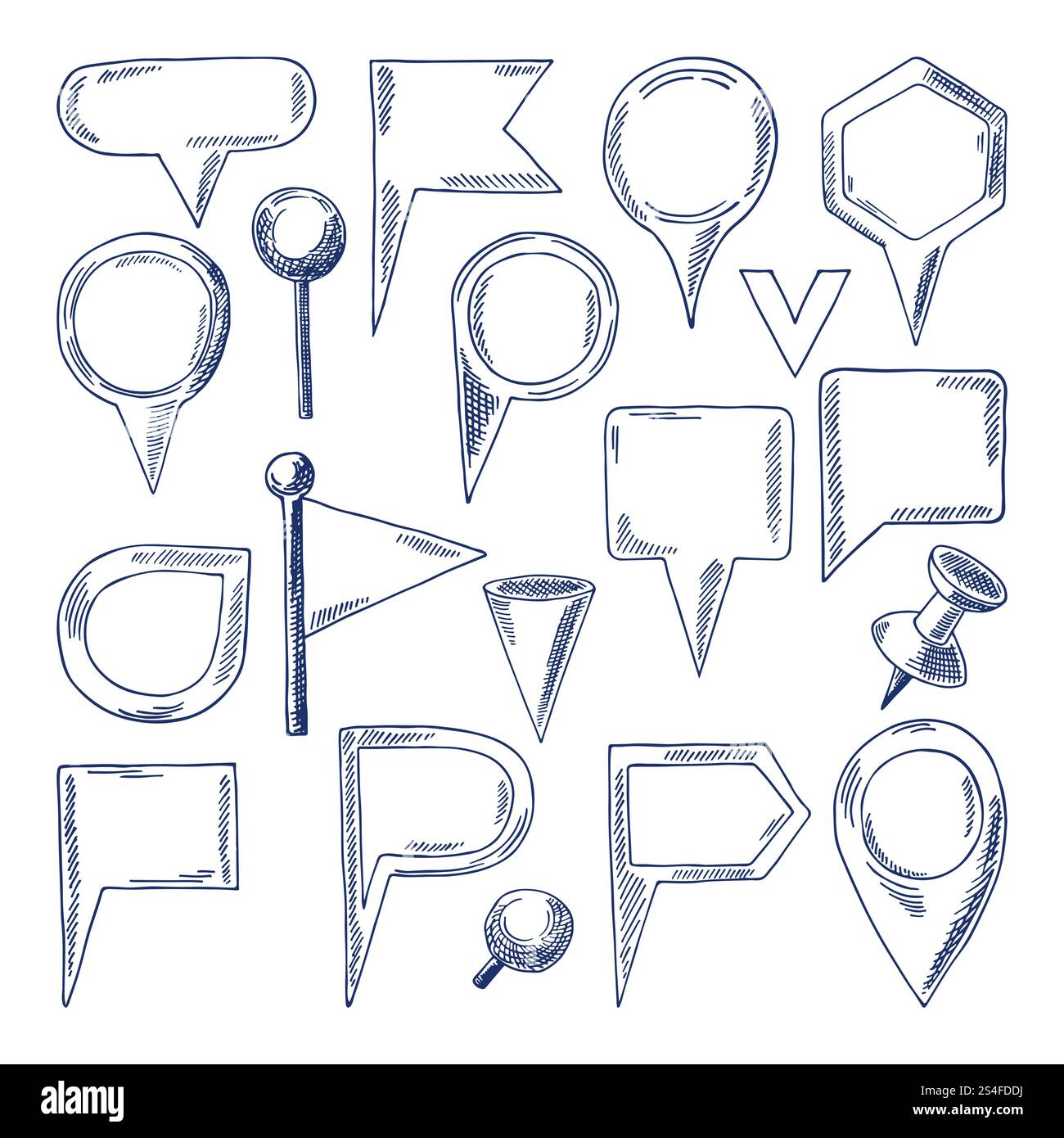 Hand drawn navigations pins isolate on white. Vector map pointers. Position navigation point ...