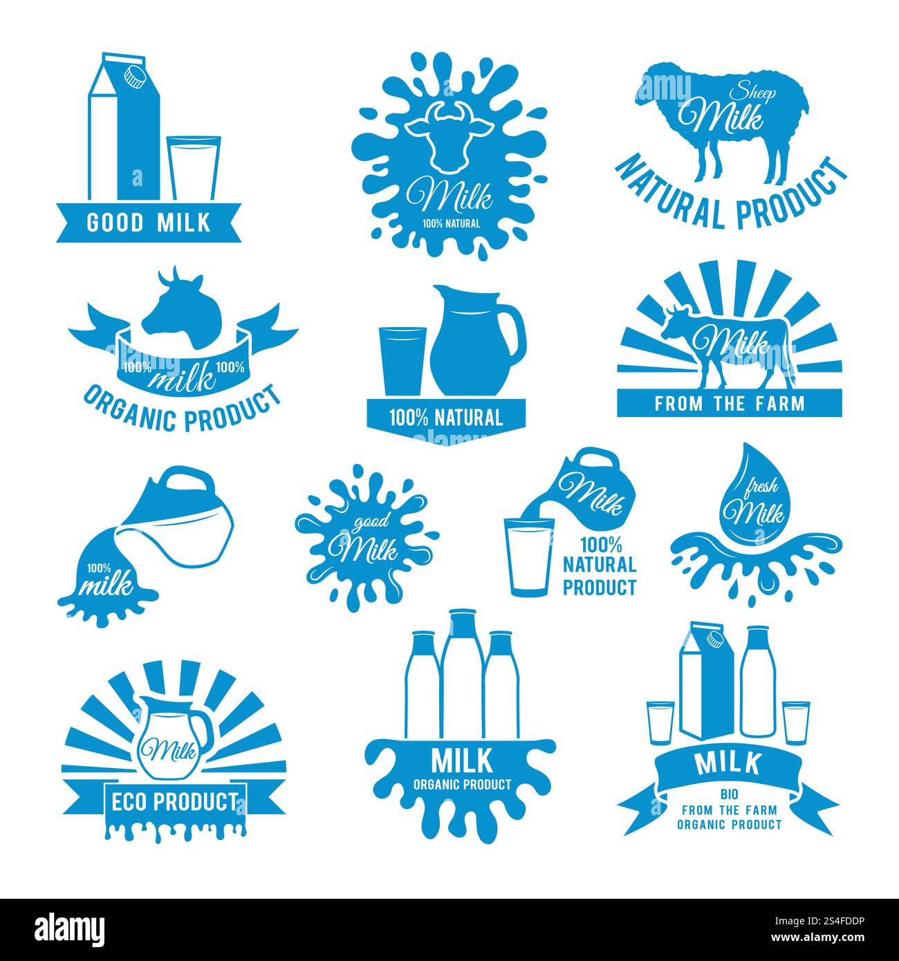 Set of milk labels. Vector illustrations of different splashes ...
