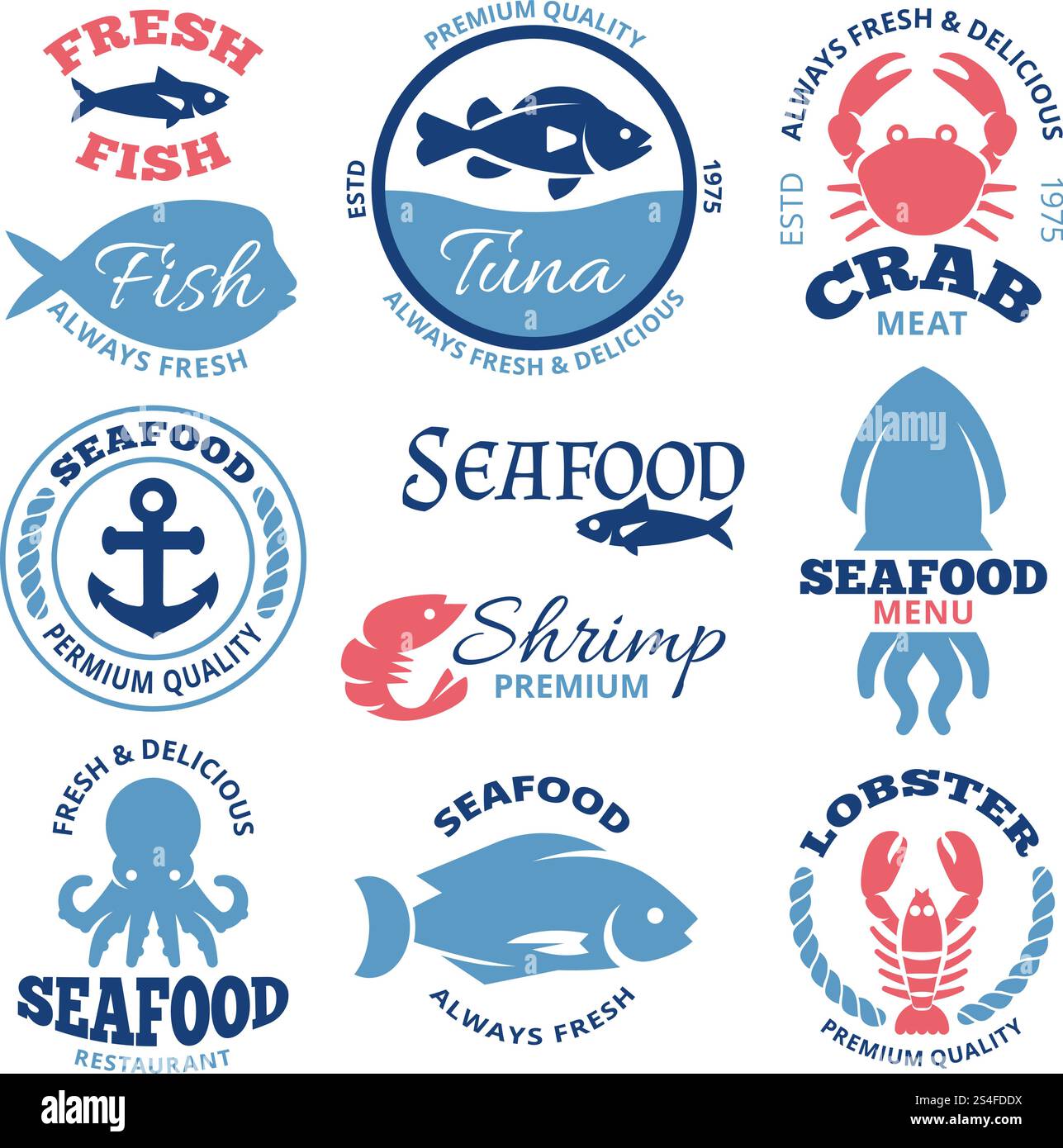 Seafood nautical vector vintage labels and restaurant emblems. Seafood ...