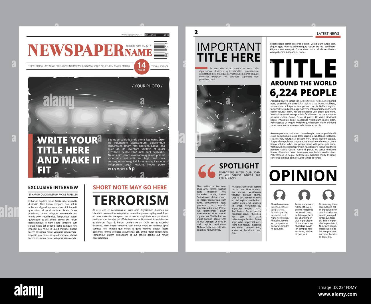 Newspaper front page with several columns and photos. Vector magazine ...