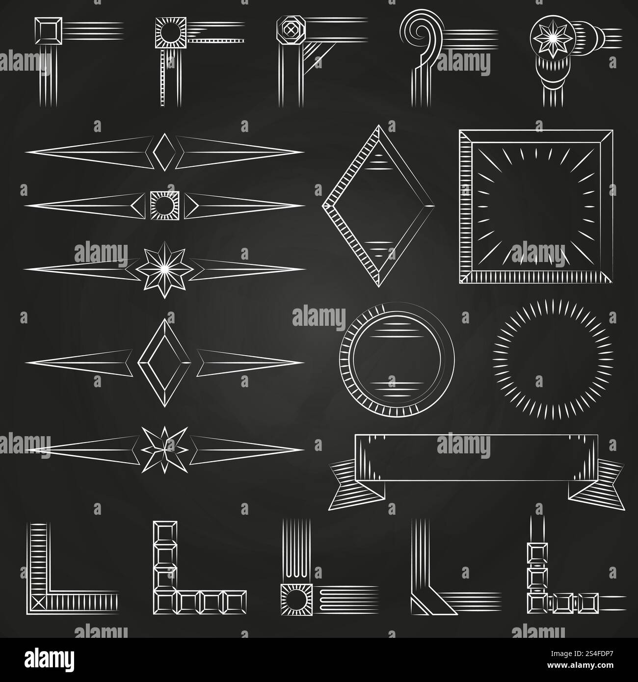 Vintage thin line shapes, frames corners on chalkboard. Vector ...