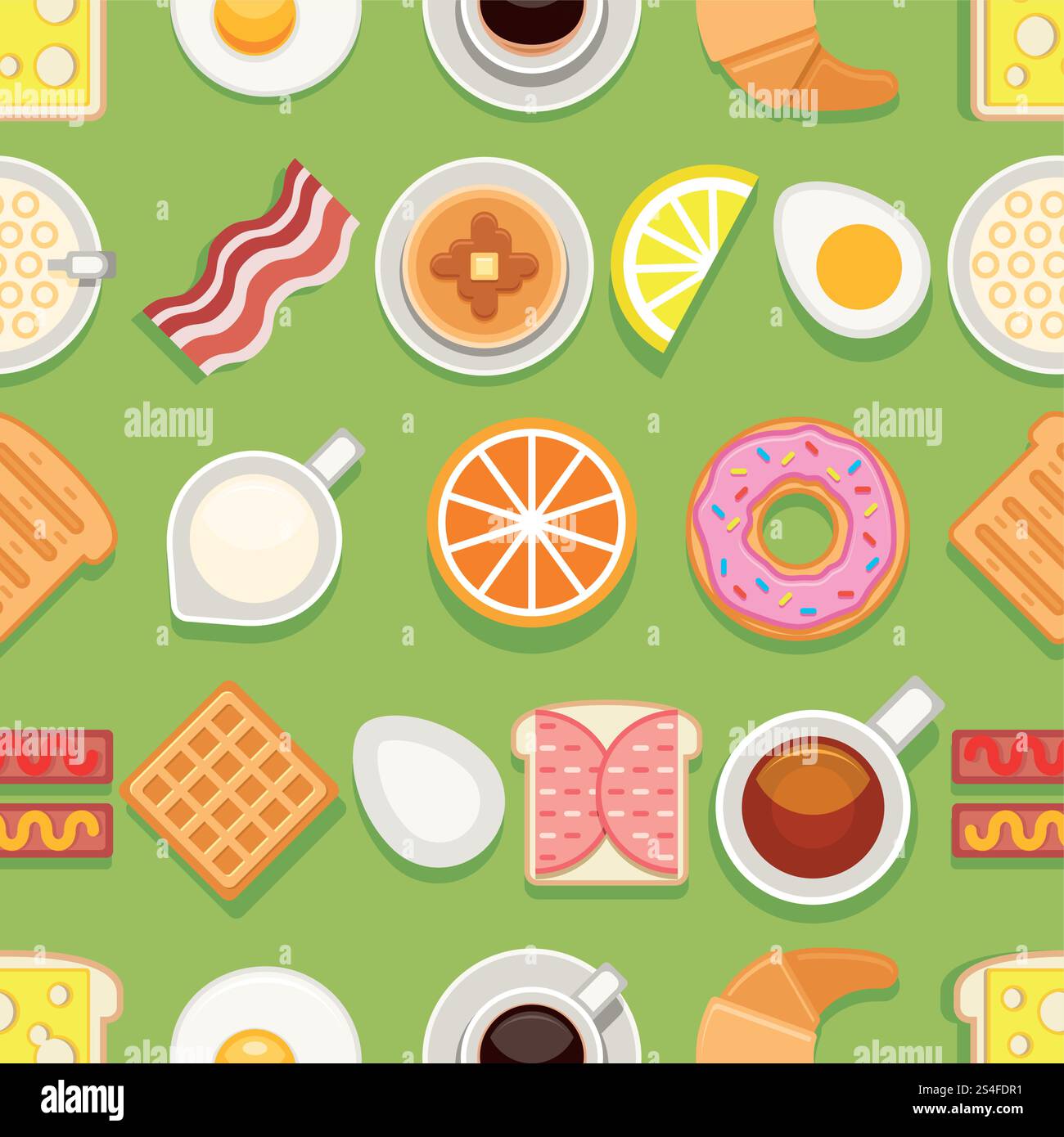 Breakfast seamless texture. Different meals and drinks colored on green ...