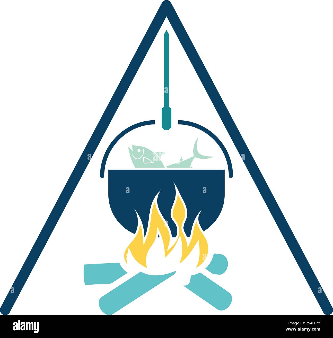 Icon of fire and fishing pot. Flat color design. Vector illustration ...