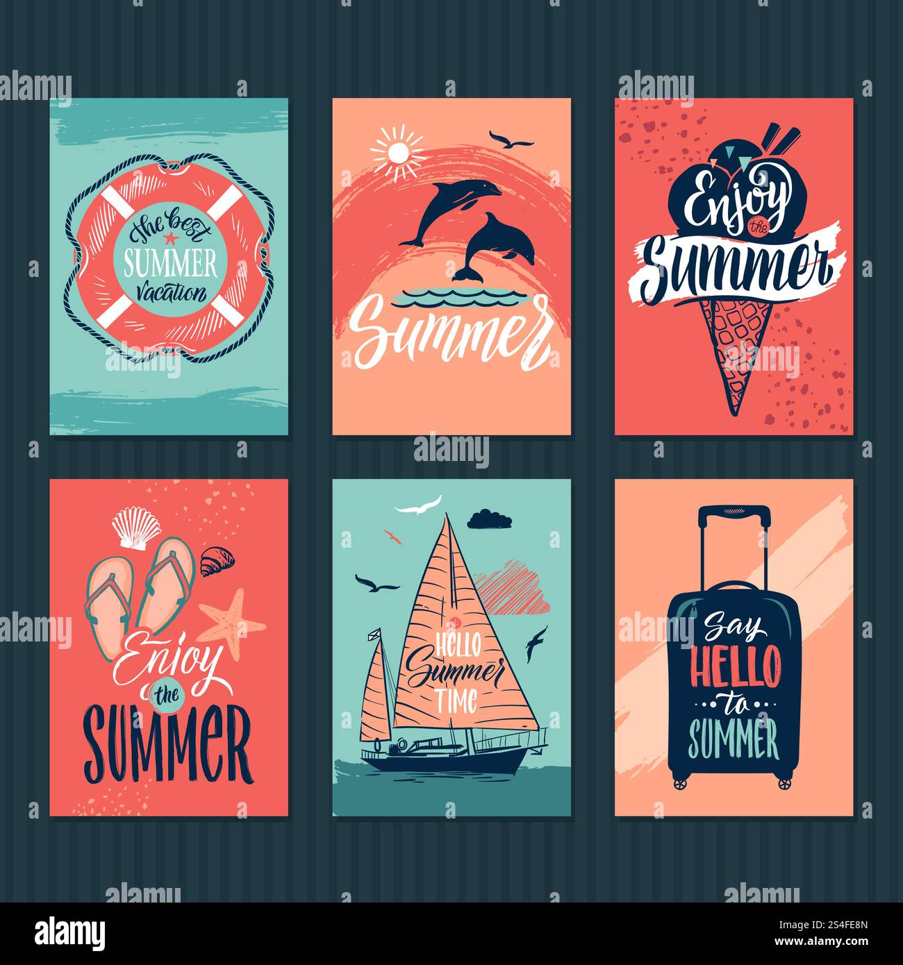 Summer, tropical postcards or retro posters with hand drawn letters ...