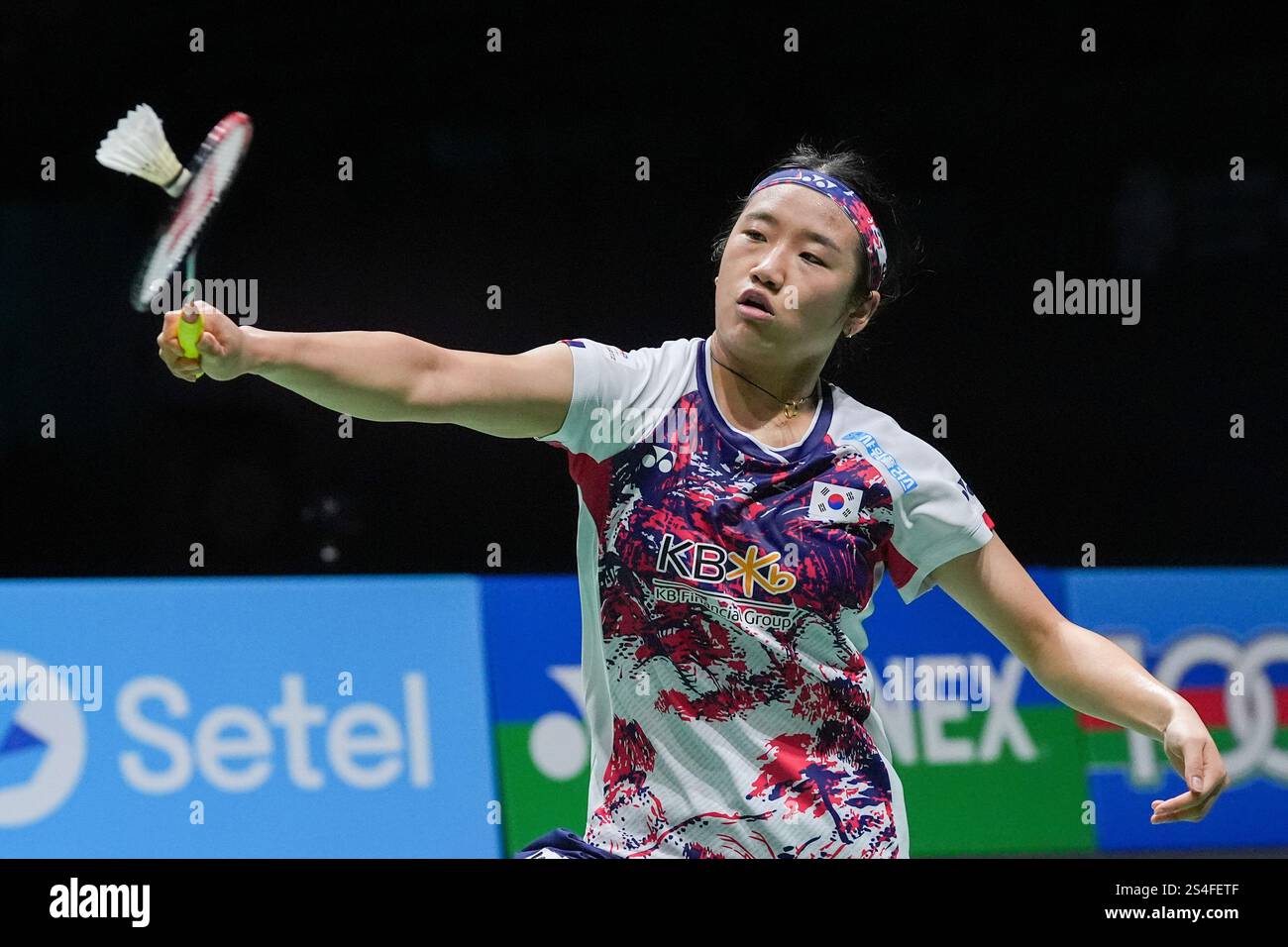 South Korea's An Se Young returns a shot during her women's singles badminton final match ...