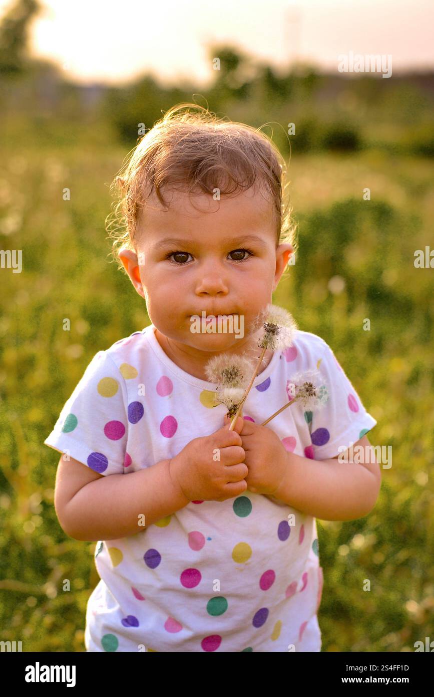 A baby in a flower field with a dandelion Stock Photo - Alamy