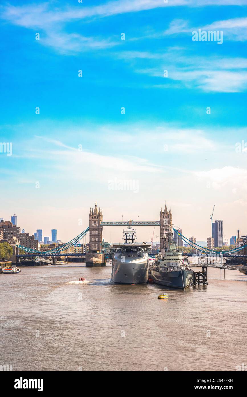 A majestic view of Tower Bridge spanning the River Thames in London ...