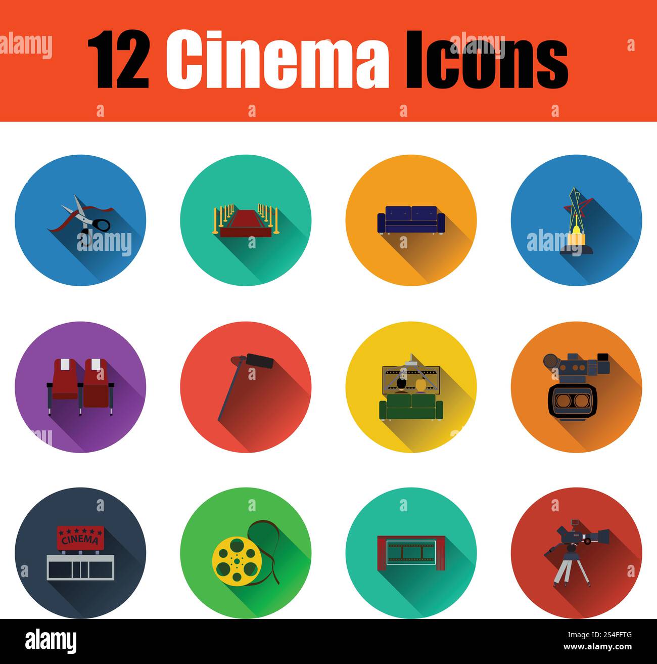 Set of cinema icons. Full color with shadow flat design. Vector ...
