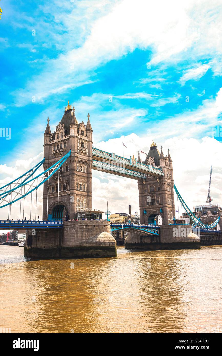 A majestic view of Tower Bridge spanning the River Thames in London ...