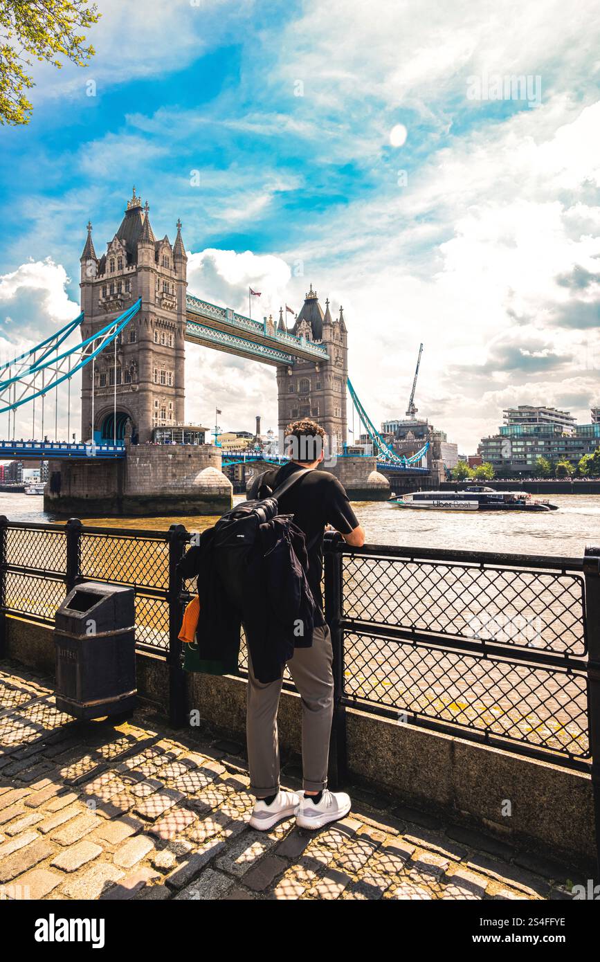 A majestic view of Tower Bridge spanning the River Thames in London ...