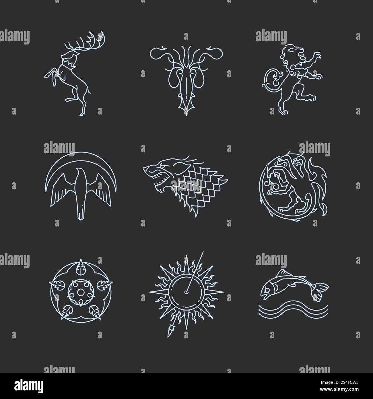 Line heraldic animals gaming thrones symbols. Animal dragon and wild ...